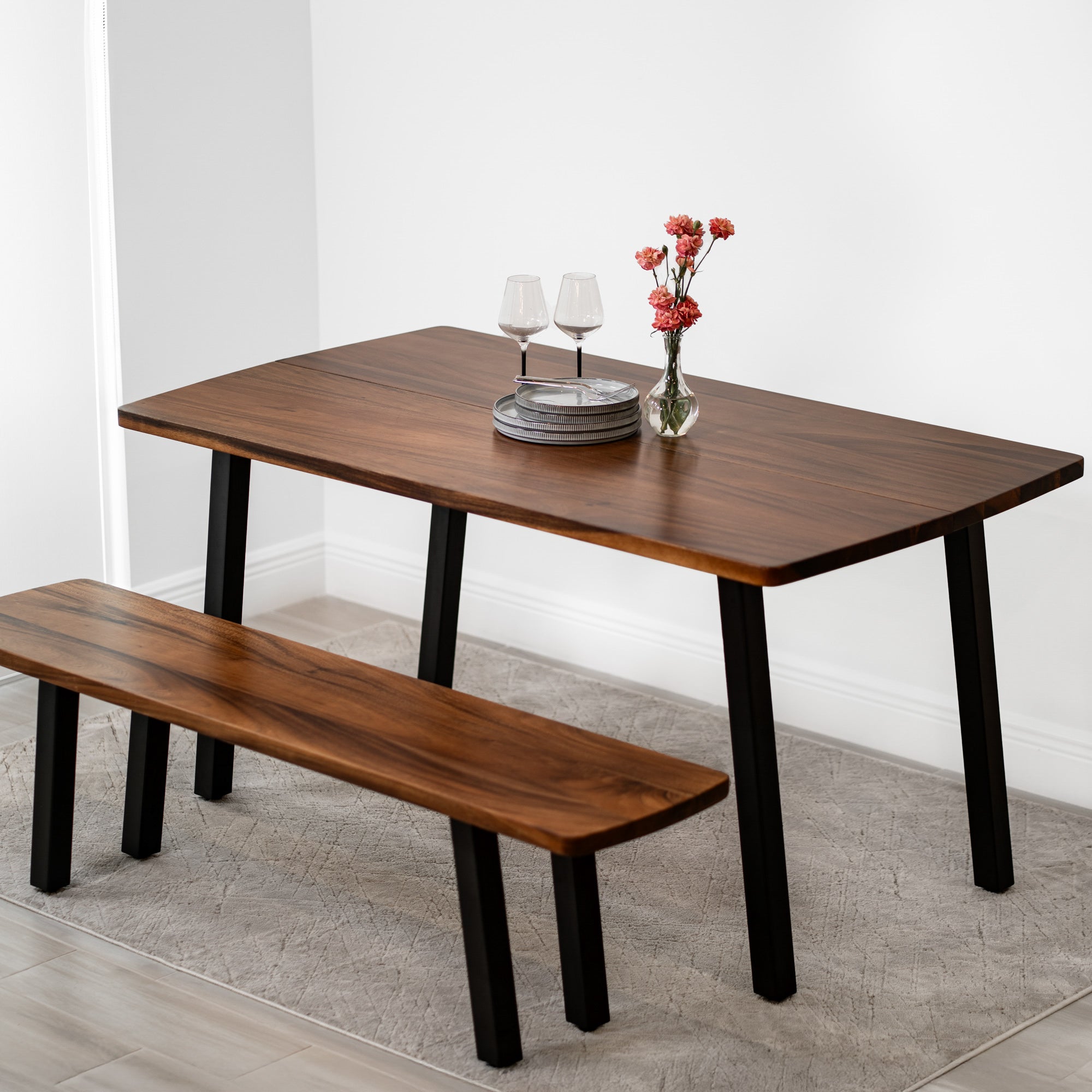Walnut Dining Table Set for 6 with Bench | 60" × 34" Solid Wood